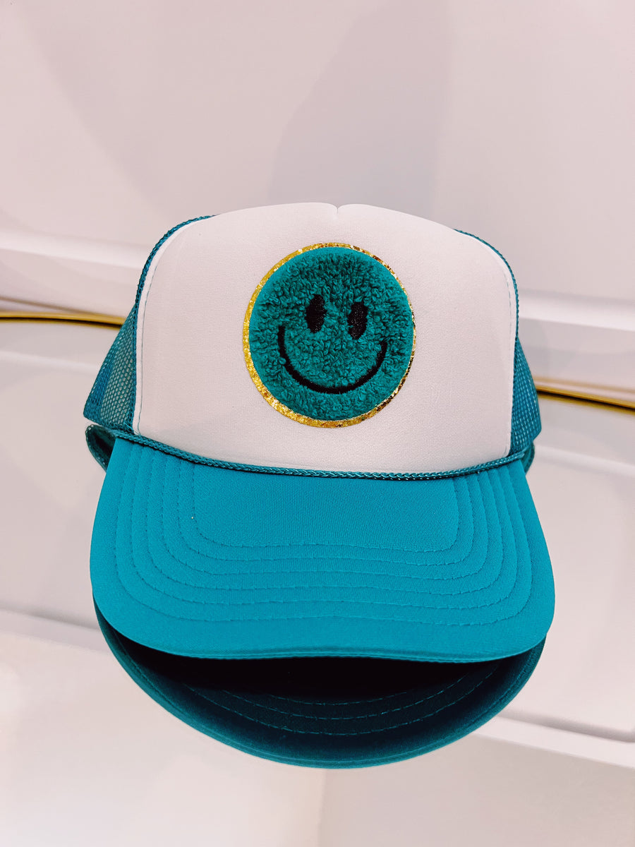 TWO TONED TEAL AND WHITE TRUCKER WITH TEAL SMILEY ☻ – capsbychloe