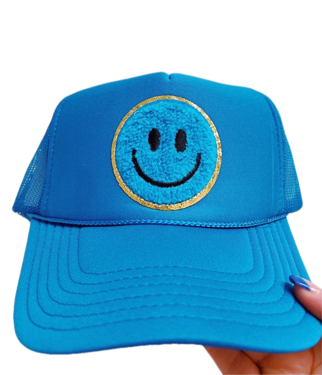 ELECTRIC BLUE TRUCKER HAT WITH BLUE SMILEY ☻ – capsbychloe